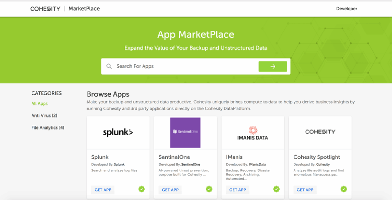 Cohesity applications available through Cohesity MarketPlace