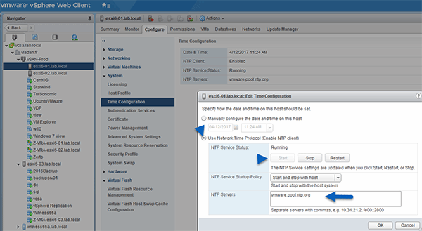 Wie wird die ESXi-Zeitsynchronisation über den vSphere Web Client konfiguriert?