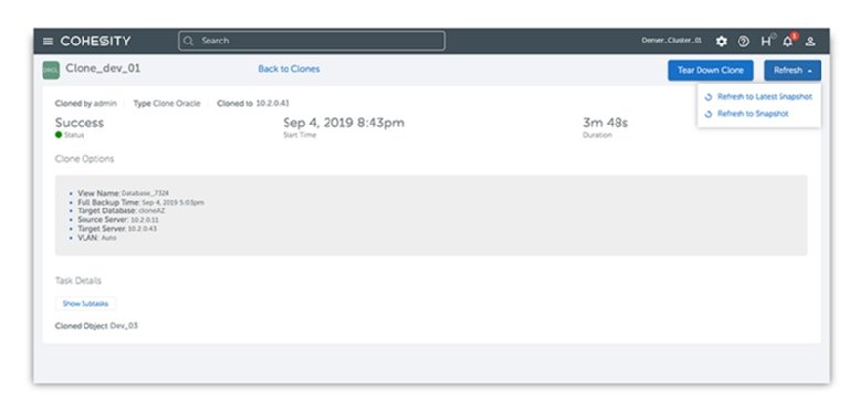 Cohesity Agile Dev and Test quickly delivers clean test data